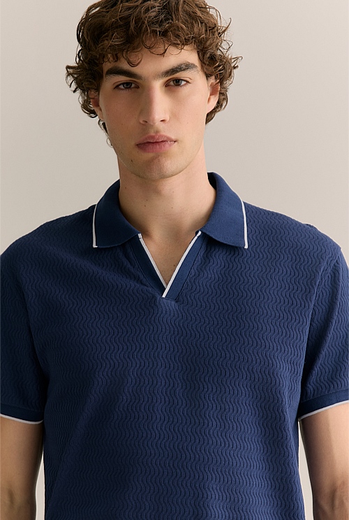 Strong Blue Cotton Jacquard Short Sleeve Polo - MEN T-Shirts | Trenery