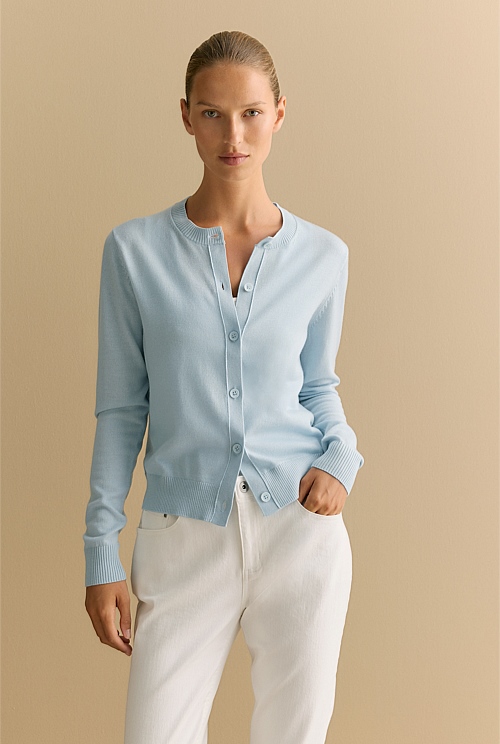 Powder Blue Merino Classic Crew Cardigan - WOMEN Cardigans | Trenery
