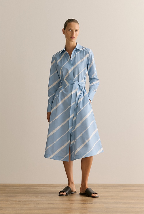 Soft Blue Feather Stripe Poplin Shirt Dress - WOMEN Dresses | Trenery