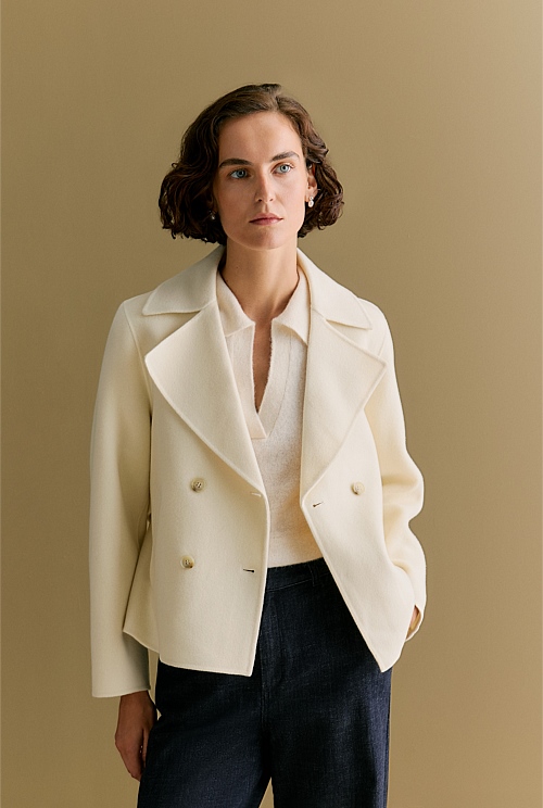 White Double Faced Wool Peacoat - WOMEN Outerwear | Trenery