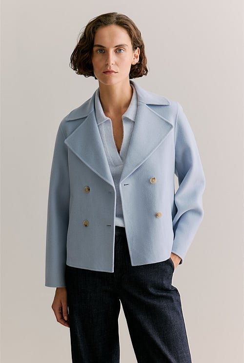 Powder Blue Double Faced Wool Peacoat - WOMEN Outerwear | Trenery