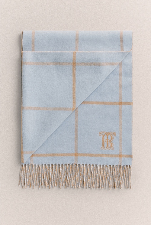 Powder Blue Wool Check Reversible Scarf - WOMEN Hats & Scarves | Trenery