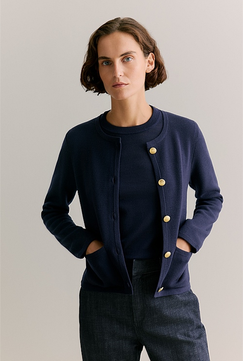 Navy Merino Milano Knit Jacket - WOMEN Cardigans | Trenery