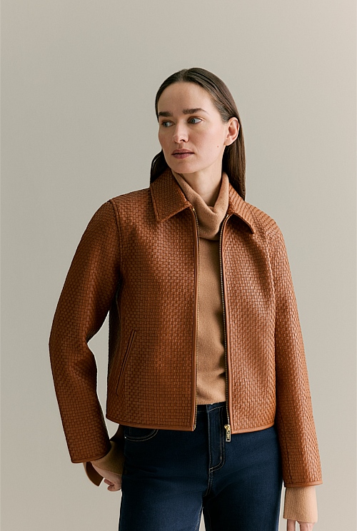 Chestnut Woven Leather Jacket - WOMEN Outerwear | Trenery
