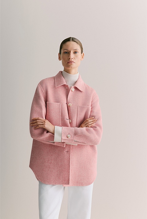 Dust Pink Wool Herringbone Shacket - WOMEN Outerwear | Trenery