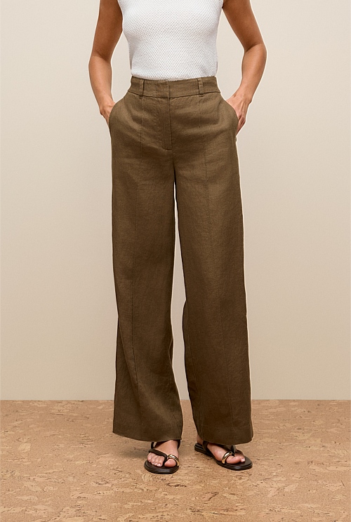Dark Khaki Linen Pintucked Pant - WOMEN Pants | Trenery