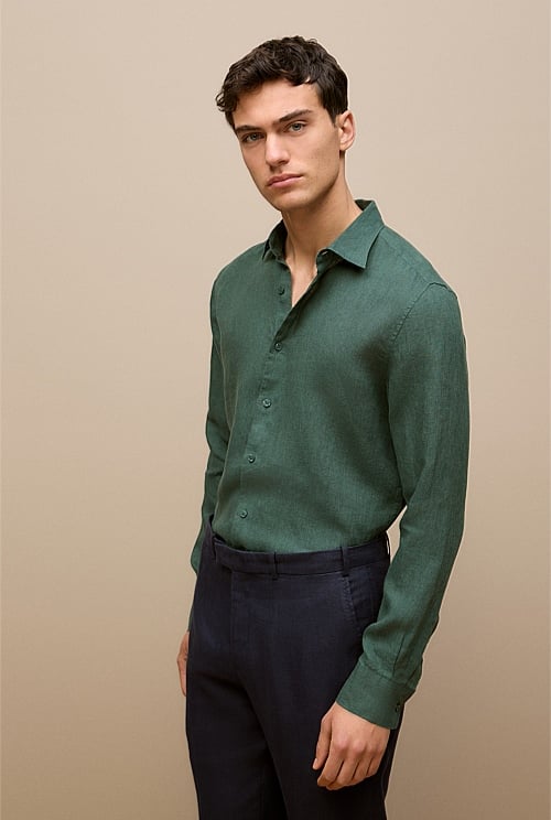 Woodland Green Tailored Fit Linen End On End Shirt - MEN Linen Shirts ...
