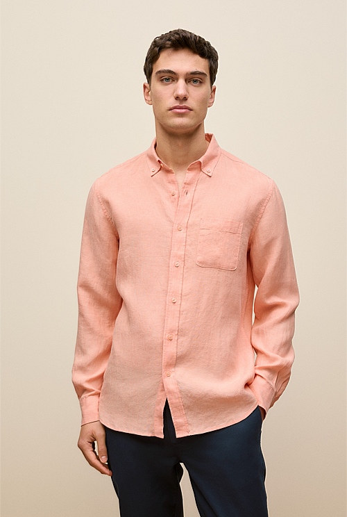 Shell Pink Regular Fit Linen End On End Shirt - MEN Shirts | Trenery