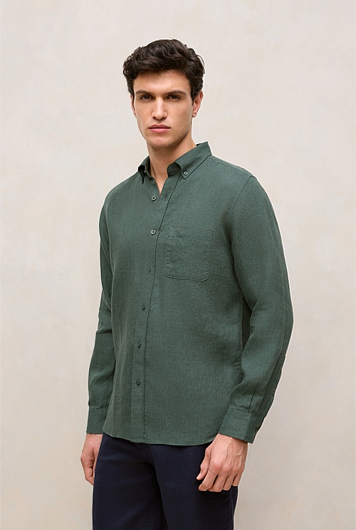 Woodland Green Regular Fit Linen End On End Shirt - MEN Linen Shirts ...