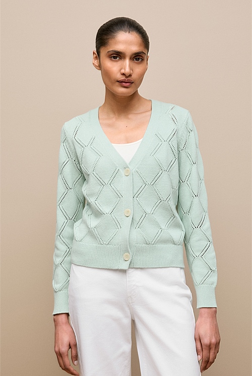 Light Mint Diamond Pointelle V Neck Cardigan - WOMEN Cardigans | Trenery