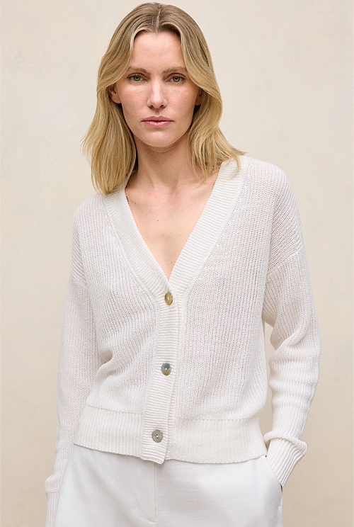 Ivory Linen Relaxed Cardigan - WOMEN Cardigans | Trenery