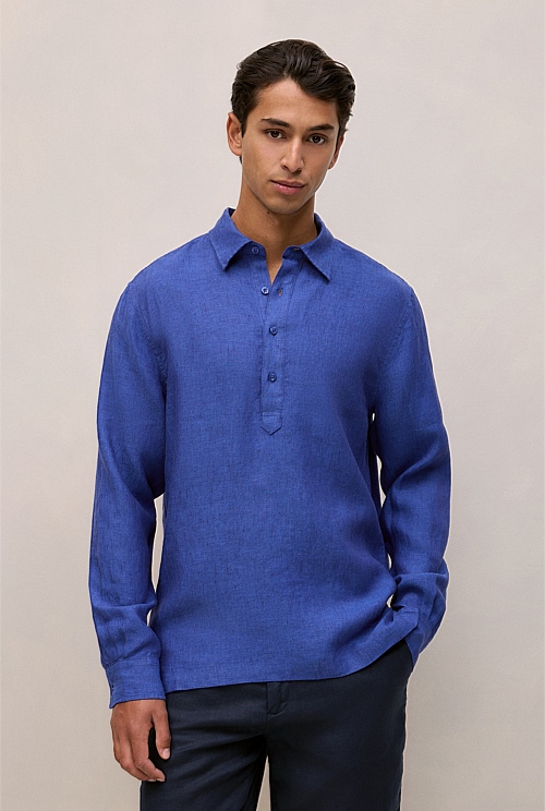 Vivid Blue Linen End On End Half Placket Shirt - MEN Shirts | Trenery