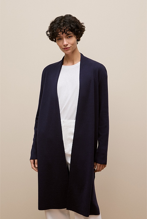 Navy Merino Longline Cardigan - WOMEN Cardigans | Trenery
