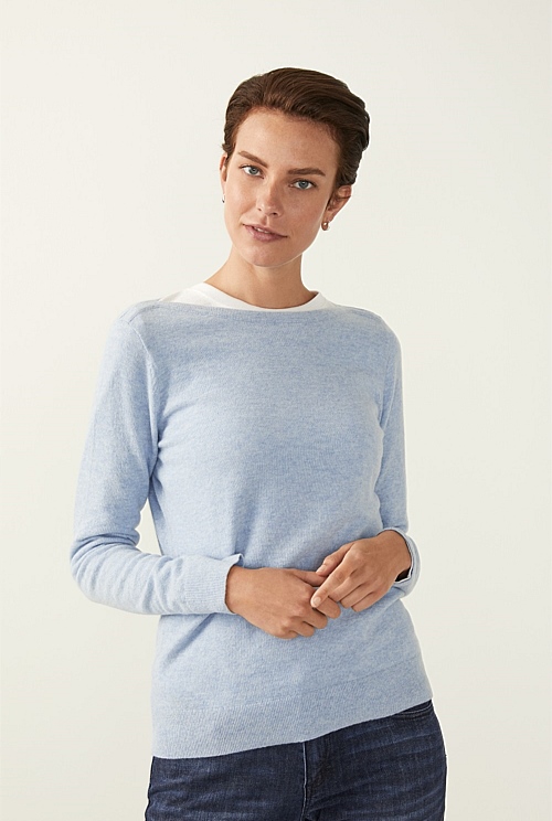 Porcelain Blue Boat Neck Extrafine Merino Knit - WOMEN Knitwear | Trenery