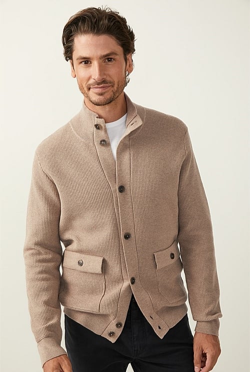 Pale Camel Textured Merino Cotton Knit Jacket - MEN Knitwear | Trenery