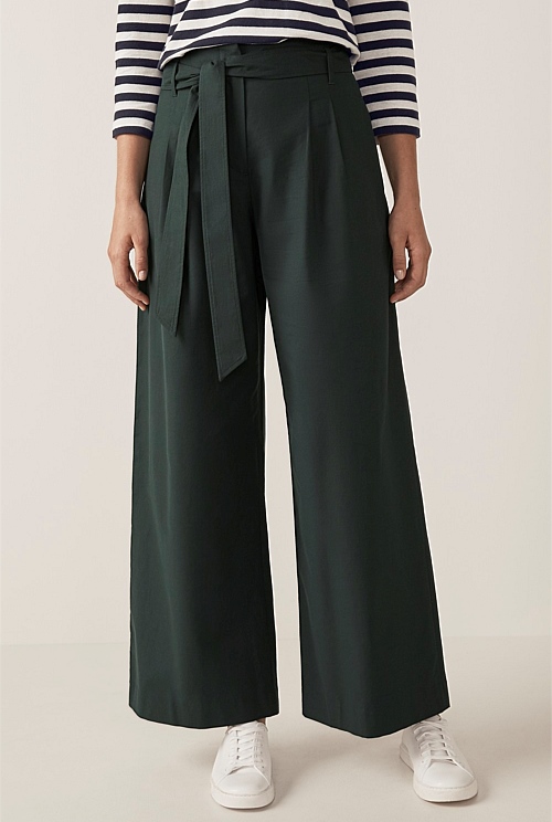 Dark Forest Textured Cotton Wide Leg Pant - WOMEN Pants | Trenery