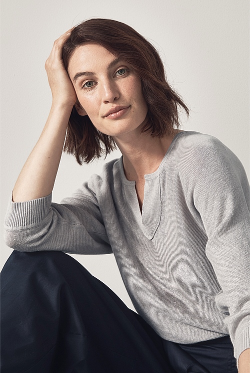 Light Grey Dolman Placket Detail Knit - WOMEN Knitwear | Trenery