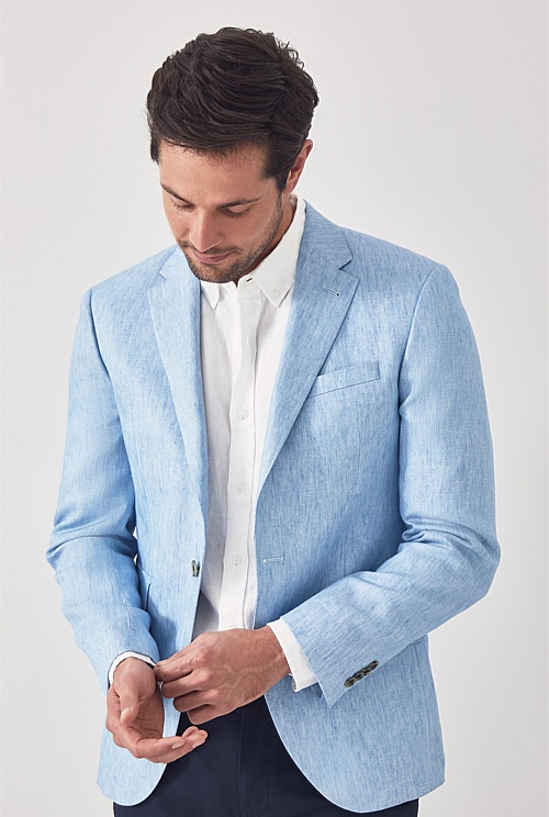 Sky Blue Tailored Contrast Twill Linen Blazer - MEN Jackets & Coats ...