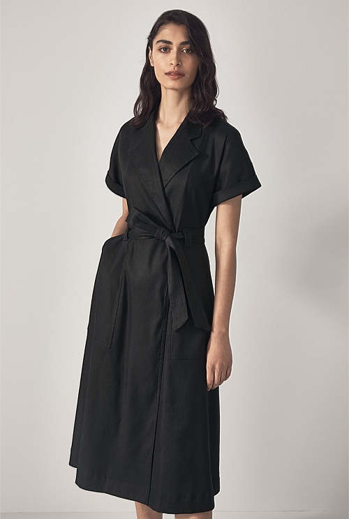 Black Stretch Linen Wrap Dress - WOMEN Dresses | Trenery
