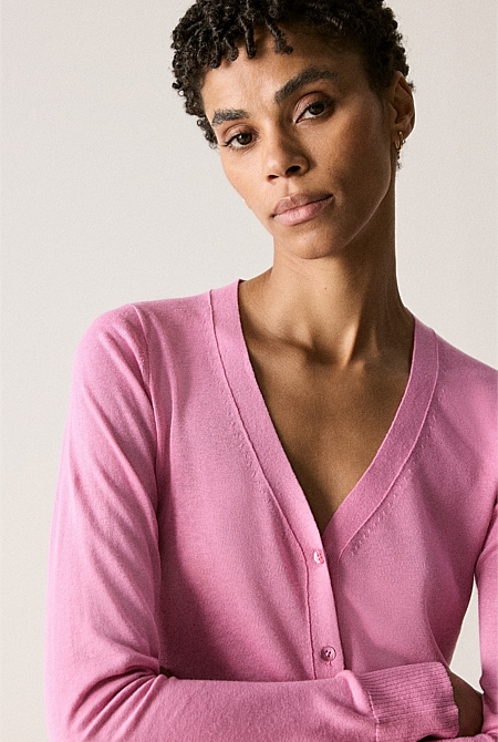 Brilliant Pink Silk Linen Fine Knit Cardigan - WOMEN Cardigans | Trenery