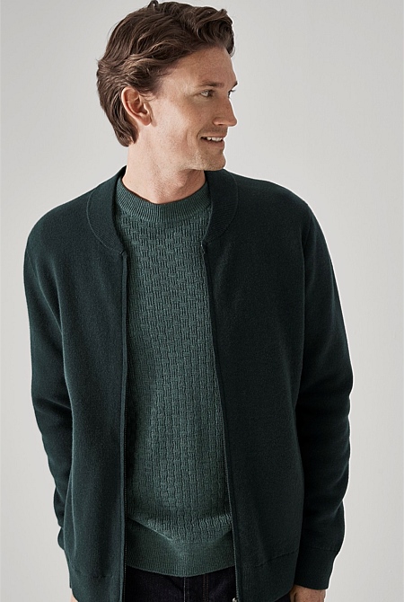 Dark Olive Double Knit Bomber Cardigan - MEN Knitwear | Trenery