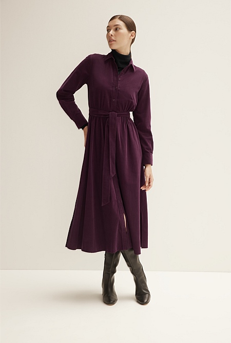 Bordeaux Corduroy Shirt Dress - WOMEN Dresses | Trenery