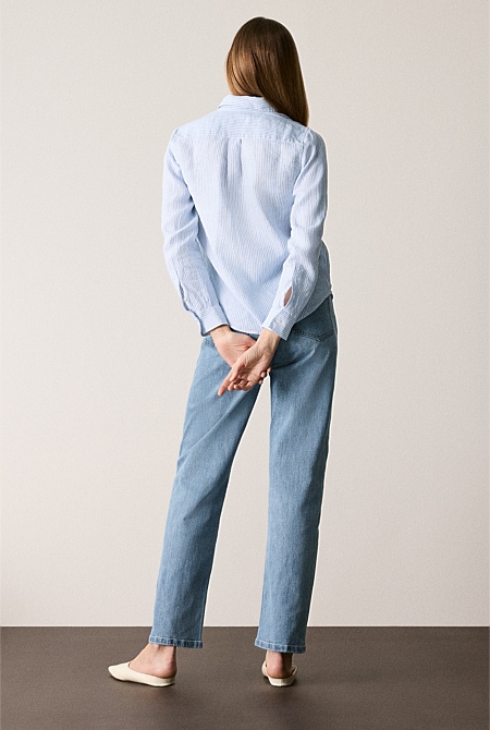 Periwinkle Blue Yarn Dyed Linen Stripe Classic Shirt - WOMEN Shirts ...