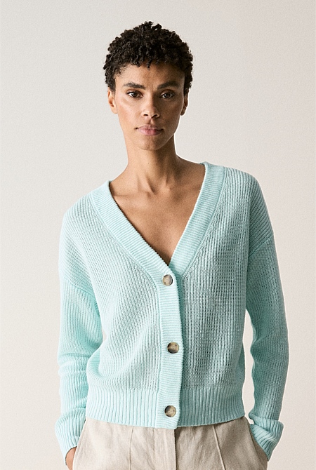Pale Aqua Linen Relaxed Fit Cardigan - WOMEN Cardigans | Trenery