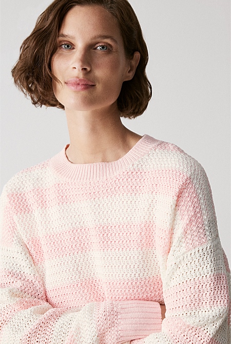 Light Pink Mercerised Cotton Relaxed Stripe Knit - WOMEN Knitwear | Trenery