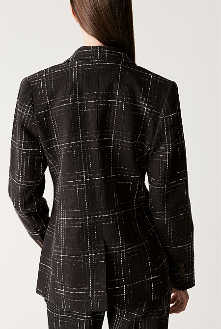 Black Window Pane Check Italian Tweed Blazer - WOMEN Outerwear | Trenery