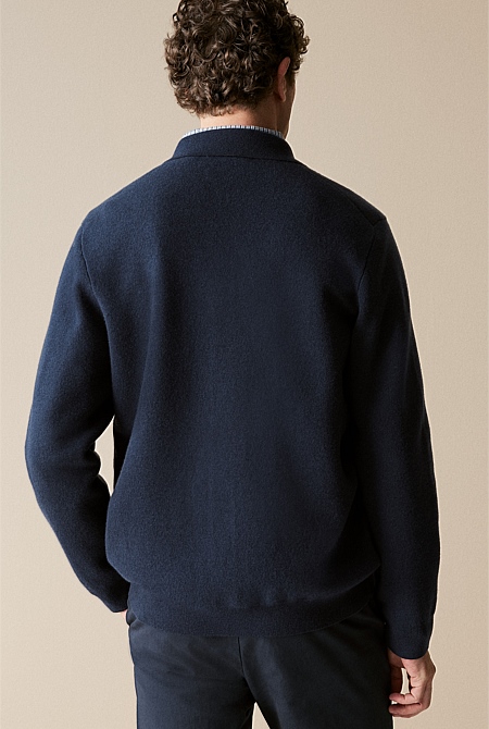 Navy Wool Blend Double Knit Jacket - MEN Knitwear | Trenery