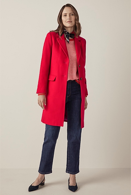 Mid Red Wool Blend Car Coat - WOMEN Jackets & Coats | Trenery