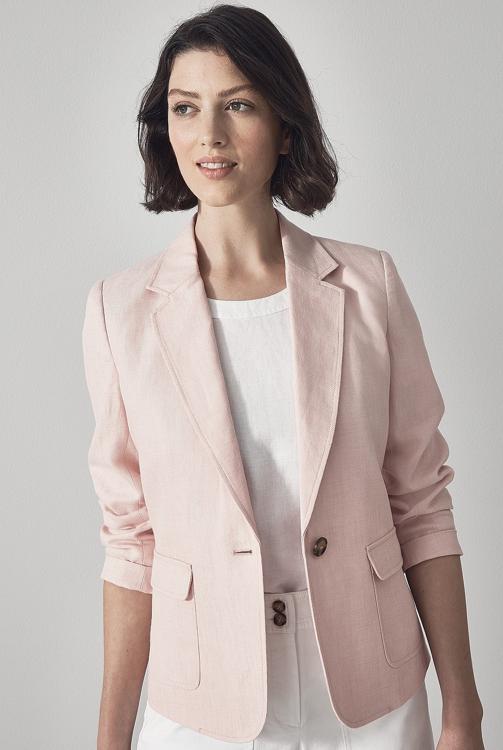 Dust Pink Linen Cotton Yarn Dyed Patch Pocket Jacket - WOMEN Jackets ...