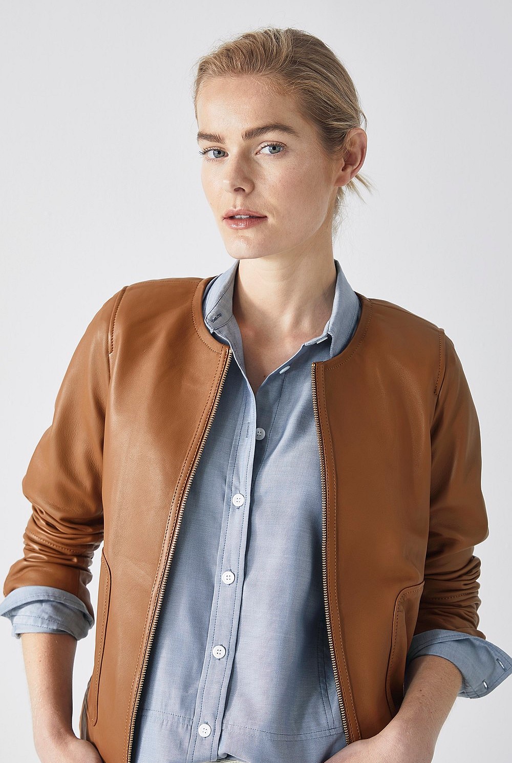 Cognac Leather Zip Front Jacket - WOMEN Jackets & Coats | Trenery