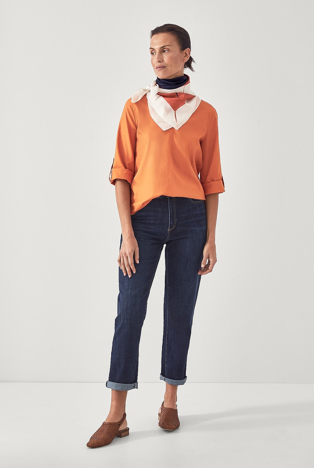 Golden Honey Cotton Modal Vent Neck Top - WOMEN Shirts | Trenery
