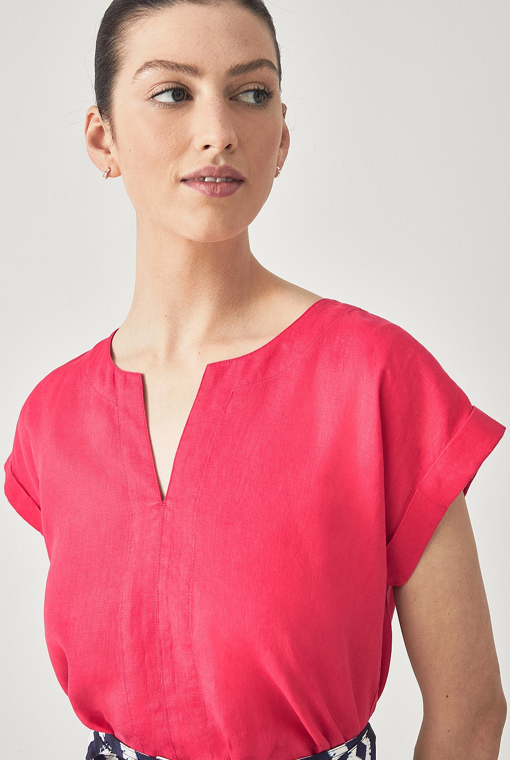 Watermelon Linen Short Sleeve Vent Neck Top - WOMEN Shirts | Trenery