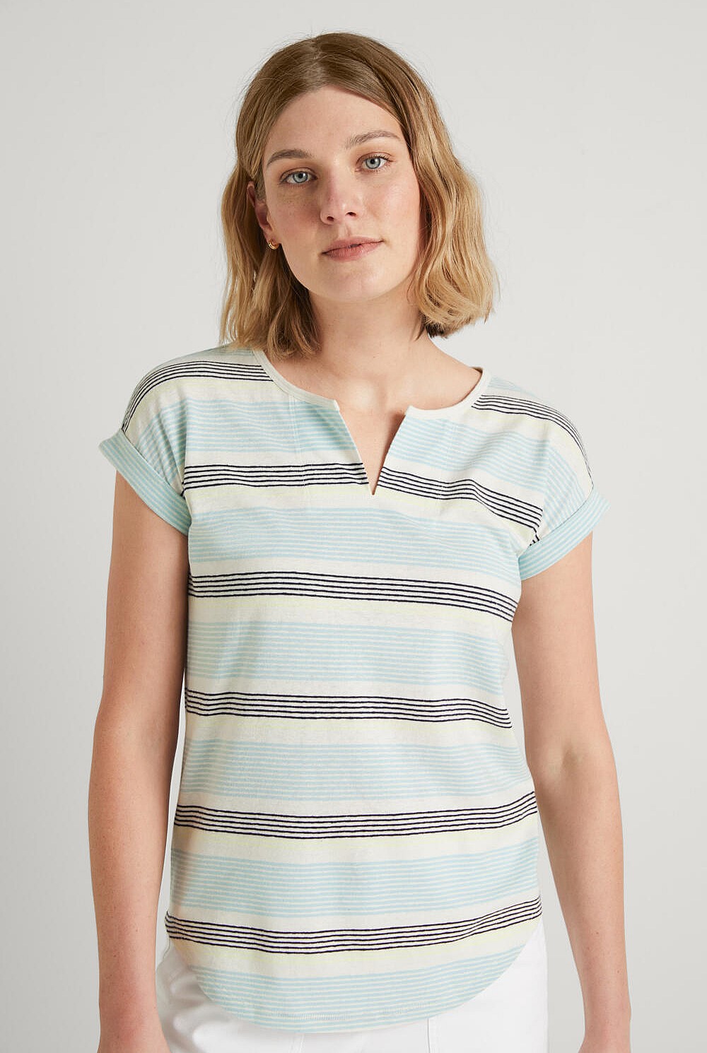 Night Sky Linen Cotton Stripe Vent Neck T-shirt - WOMEN T-Shirts & Tops ...