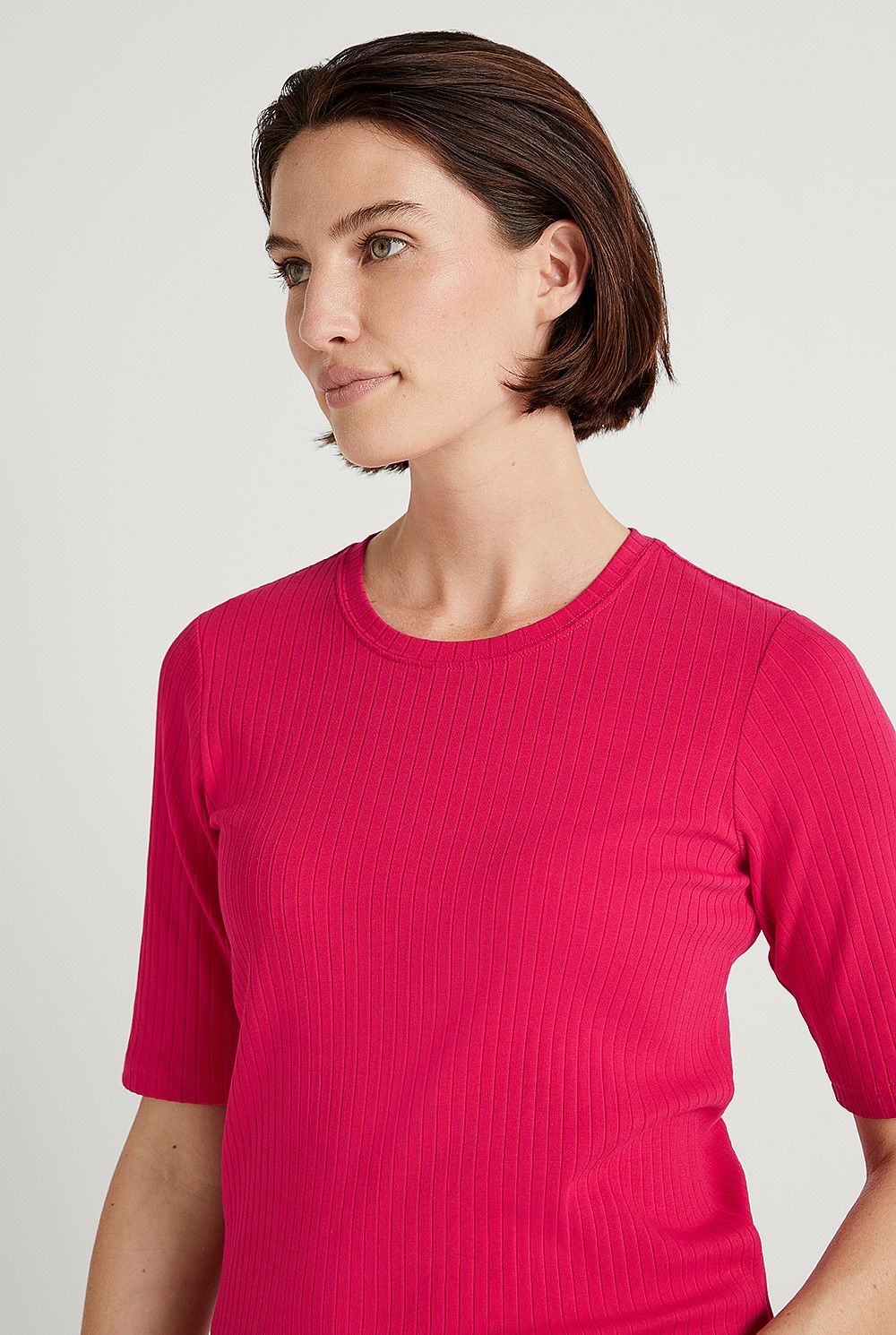 Dahlia Pink Stretch Cotton Rib Half Sleeve T-shirt - WOMEN T-Shirts ...