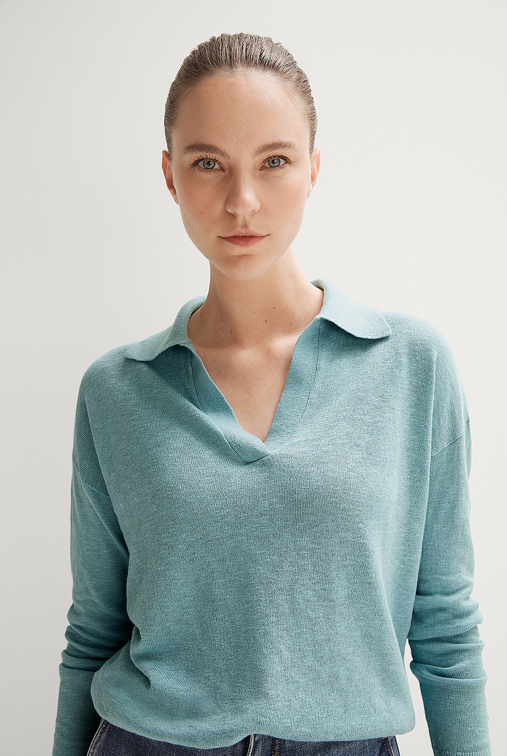 Blue Daze Linen Blend Half Placket Pullover - WOMEN Knitwear | Trenery