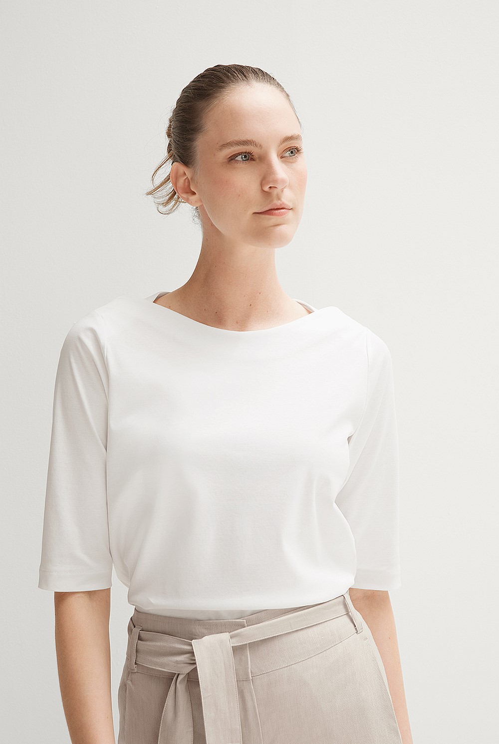 White Cotton Interlock Boatneck T-shirt - WOMEN T-Shirts & Tops | Trenery
