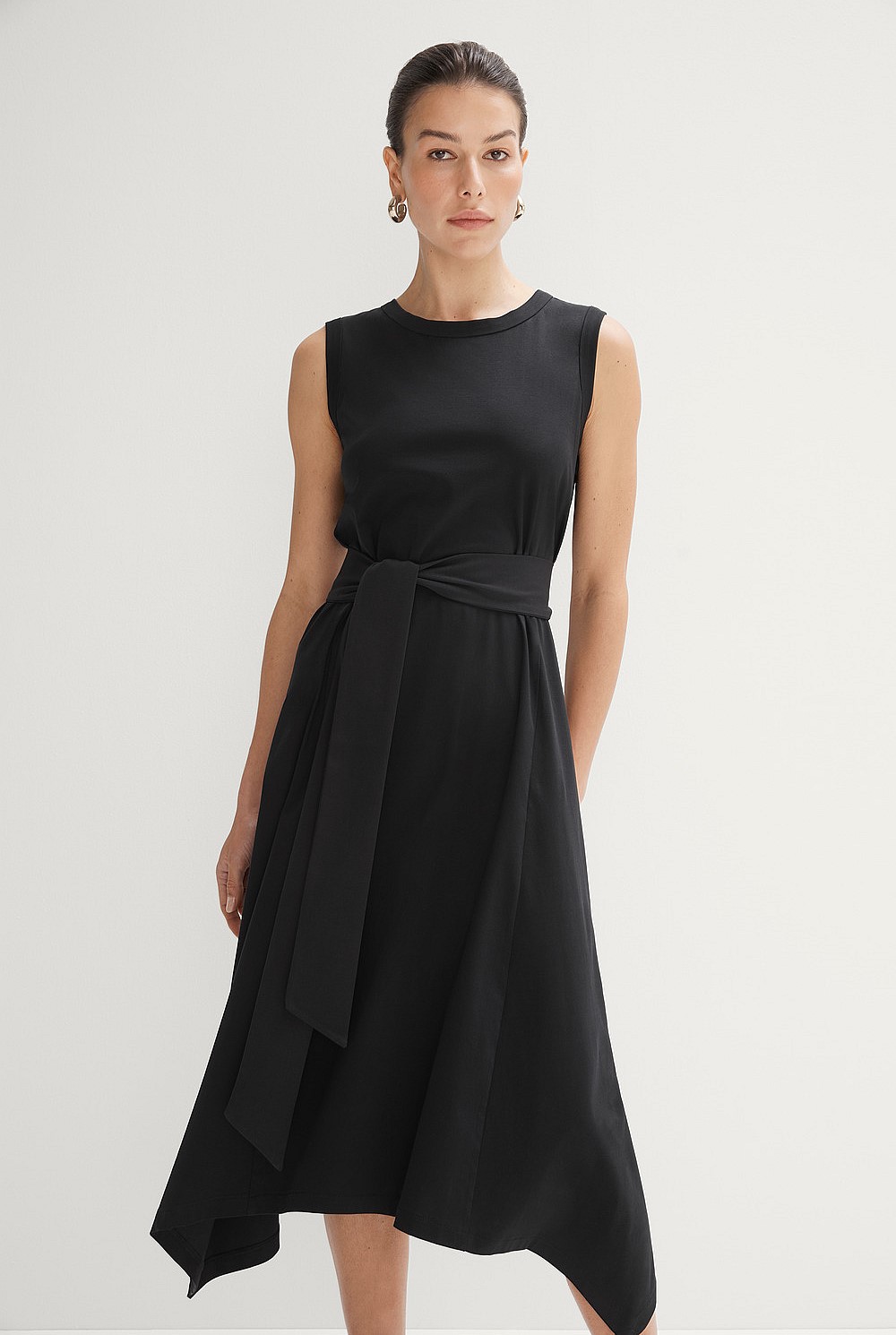 Black Cotton Interlock Trapeze Hem Dress - WOMEN Dresses | Trenery