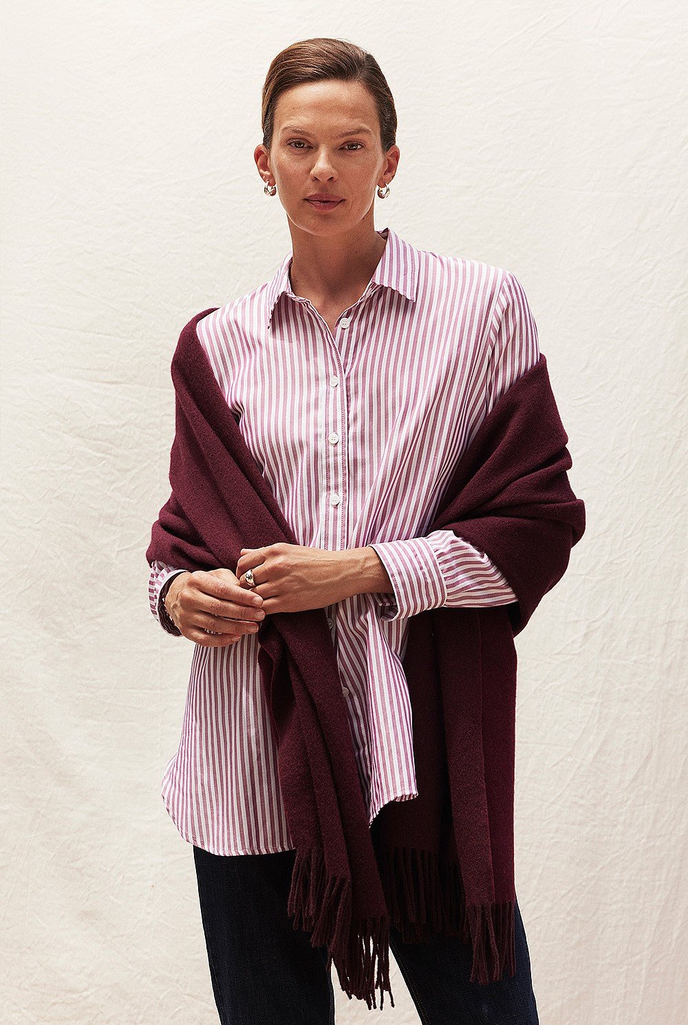 Magenta Cotton Modal Stripe Longline Shirt - WOMEN Shirts | Trenery