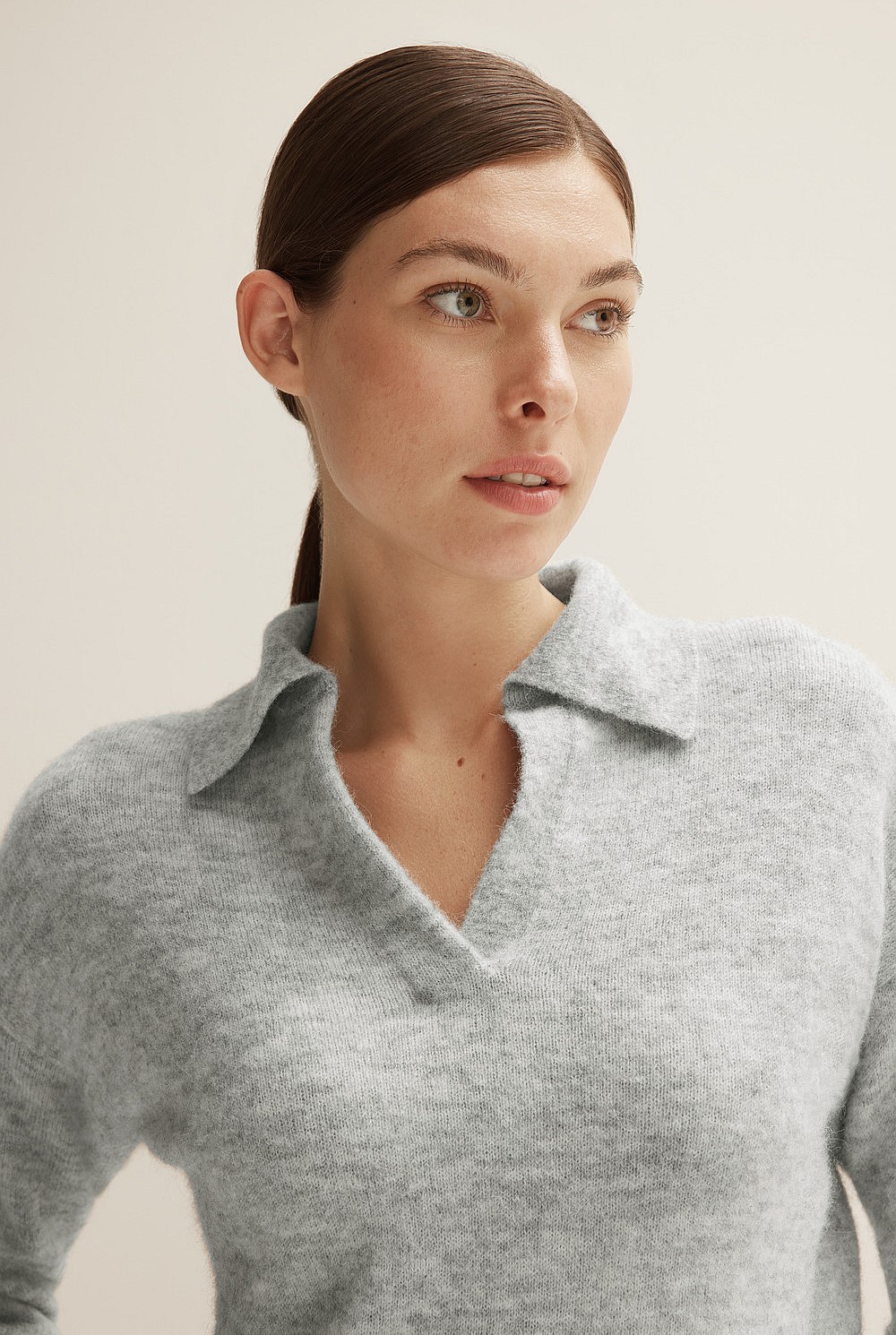 Light Grey Melange Half Placket Pullover - WOMEN Knitwear | Trenery