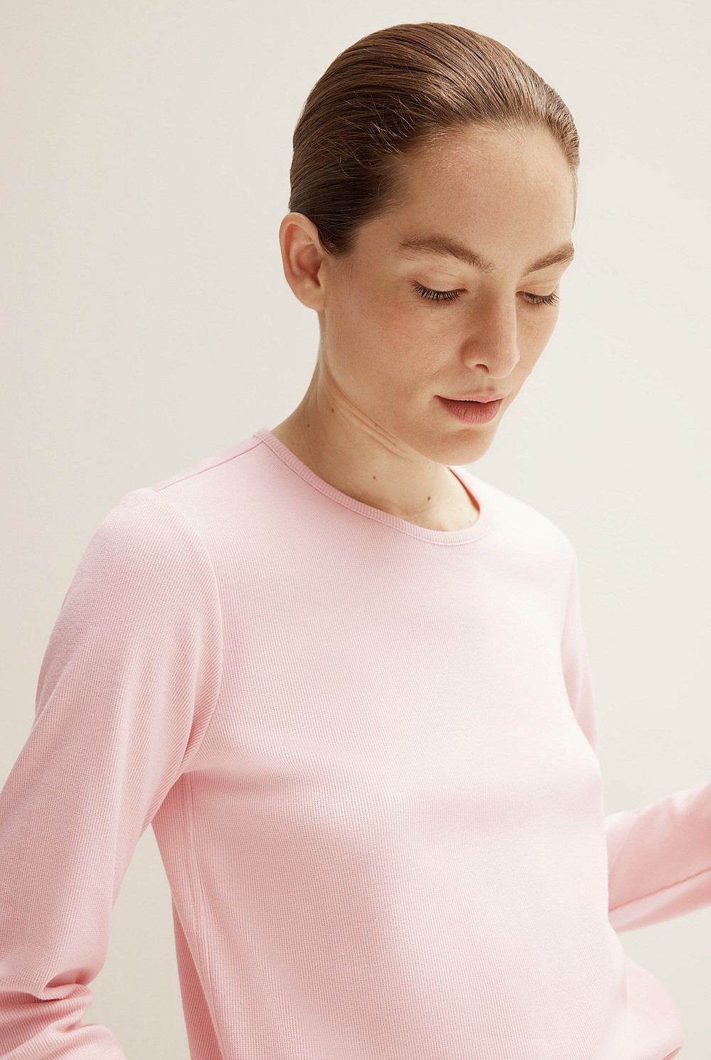 Dust Pink Cotton Fine Rib Long Sleeve T-Shirt - WOMEN T-Shirts & Tops | Trenery