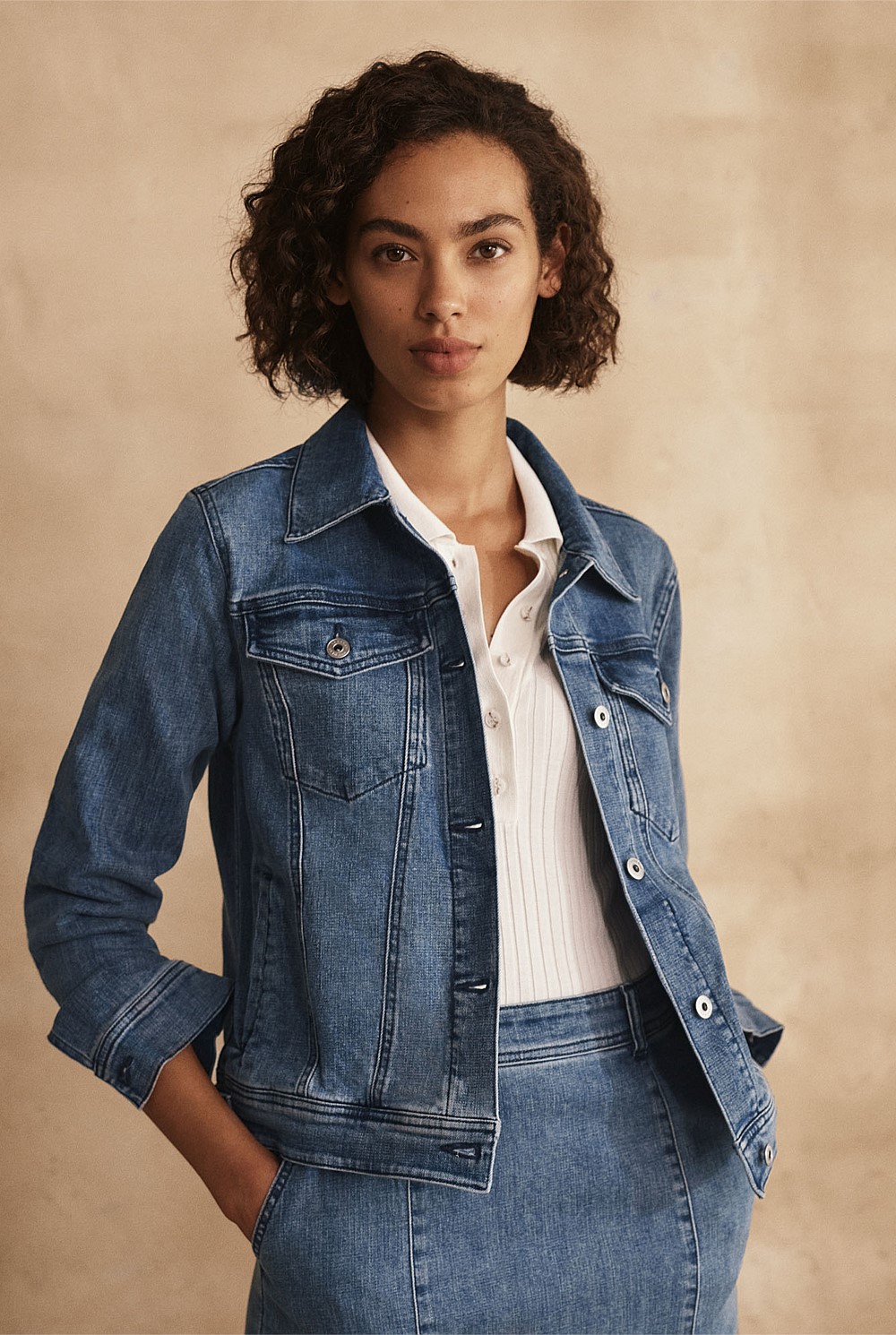 Washed Indigo Classic Pocket Stretch Denim Jacket - WOMEN Outerwear ...