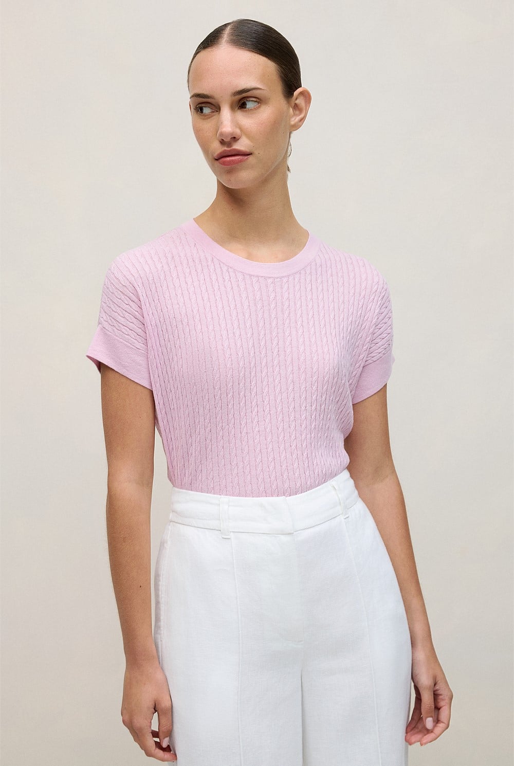 Soft Lilac Linen Cotton Cable Knit T-shirt - WOMEN T-Shirts & Tops ...