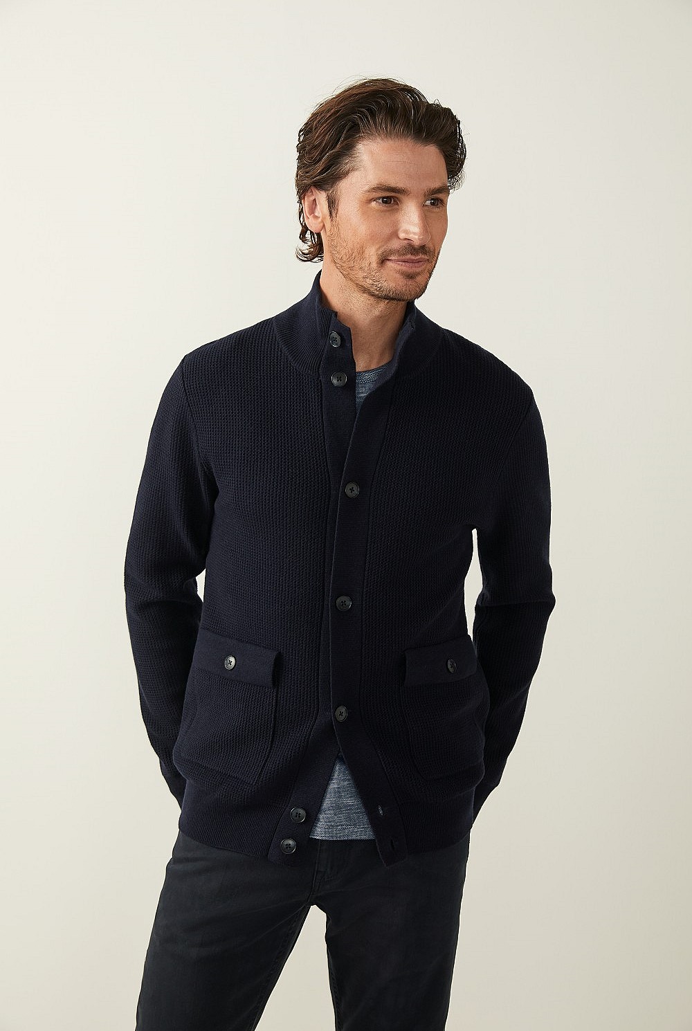 Navy Melange Textured Merino Cotton Knit Jacket - MEN Knitwear | Trenery