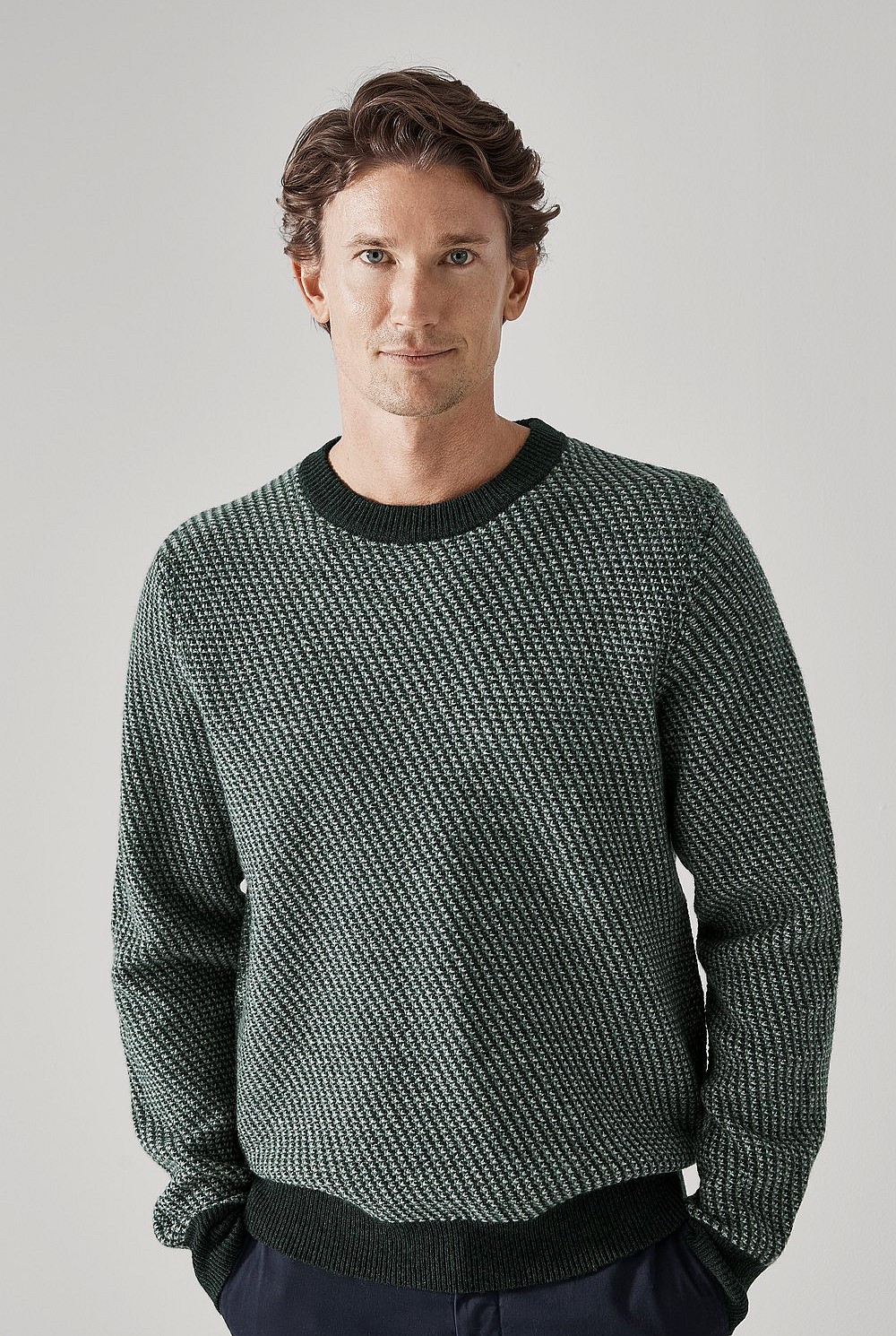 Rich Green Wool Cashmere Textured Pullover - MEN Knitwear | Trenery