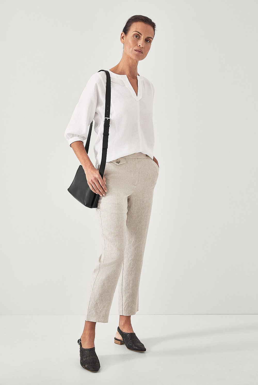 White Linen Vent Neck Top - WOMEN Shirts | Trenery