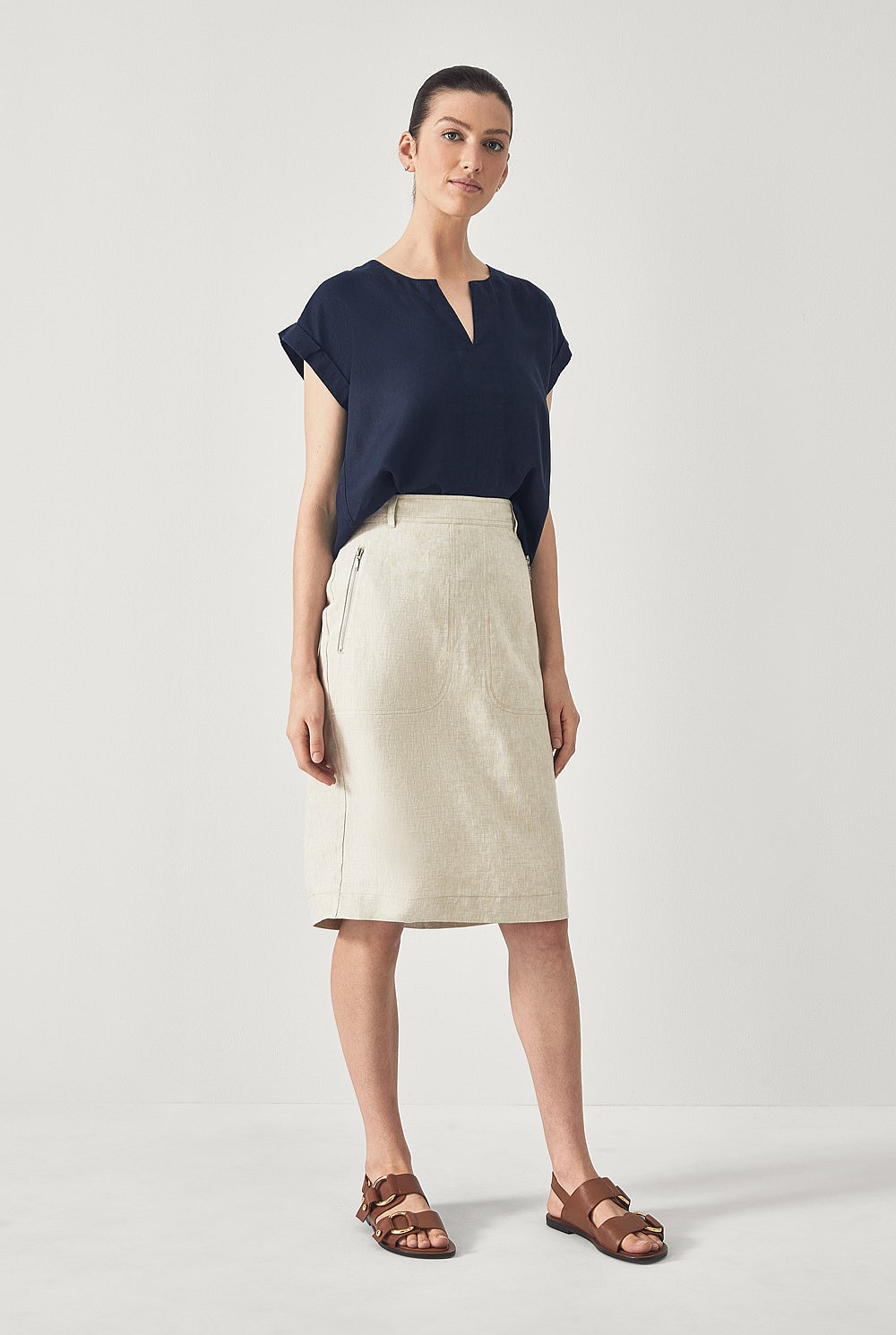 Night Sky Linen Short Sleeve Vent Neck Top - WOMEN Shirts | Trenery